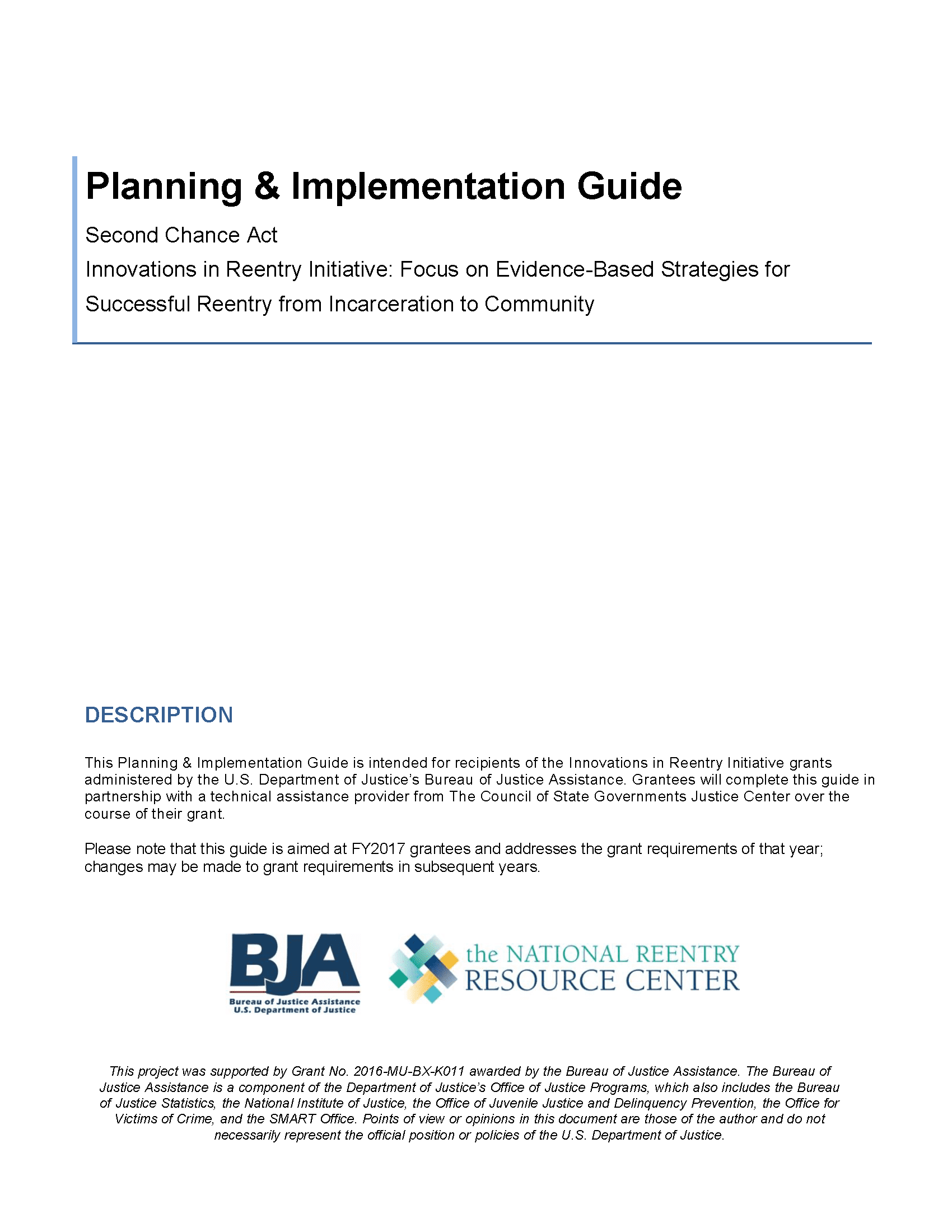 FY2017 Planning and Implementation Guide for SCA Innovations in Reentry ...
